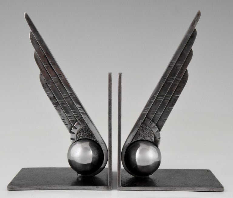 Art Deco Wing and Ball Wrought Iron Bookends Edgar Brandt, 1930 at 1stDibs
