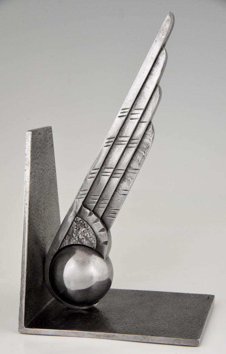 Art Deco Wing and Ball Wrought Iron Bookends Edgar Brandt, 1930 at 1stDibs