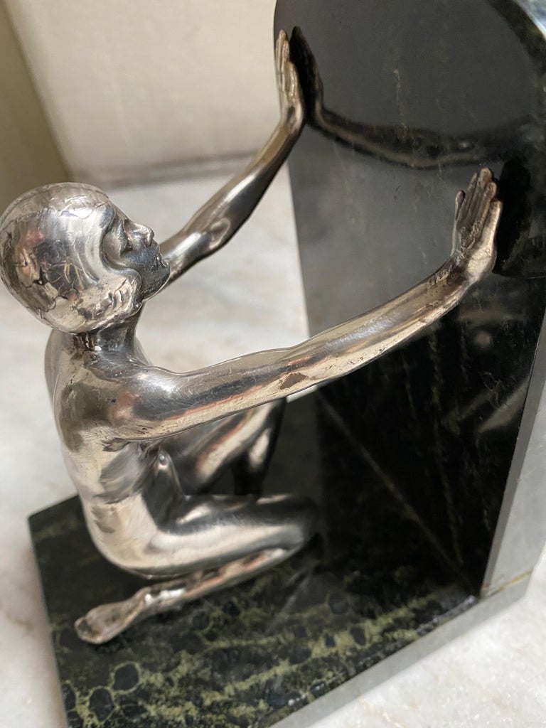 Art Deco Women in Silver on Marble Bookends at 1stDibs