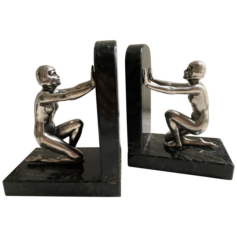 Art Deco Women in Silver on Marble Bookends at 1stDibs