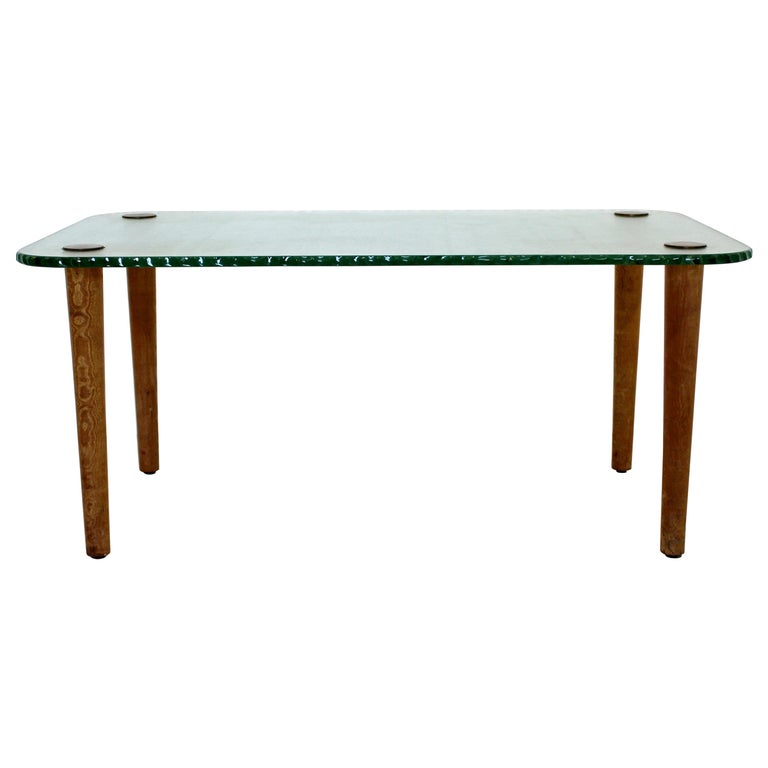 Art Deco Wood Bronze Tempered Chipped Edge Glass Coffee Table 1940s ...