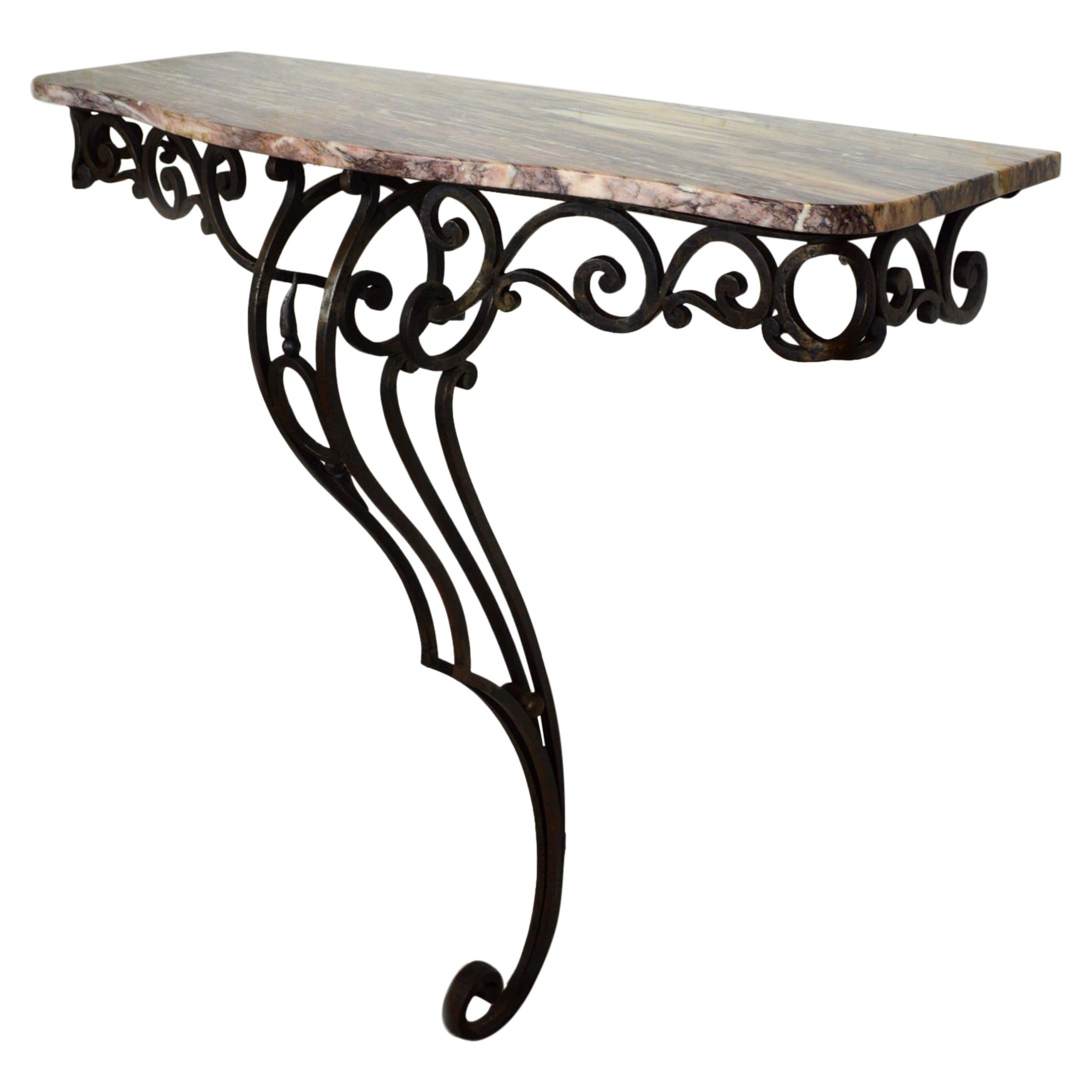 Art Deco Wrought Iron and Marble-Top Wall Console Table, France, circa ...