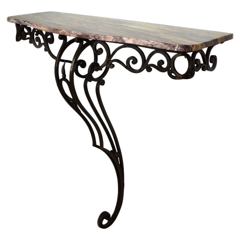 Art Deco Wrought Iron and Marble-Top Wall Console Table, France, circa ...