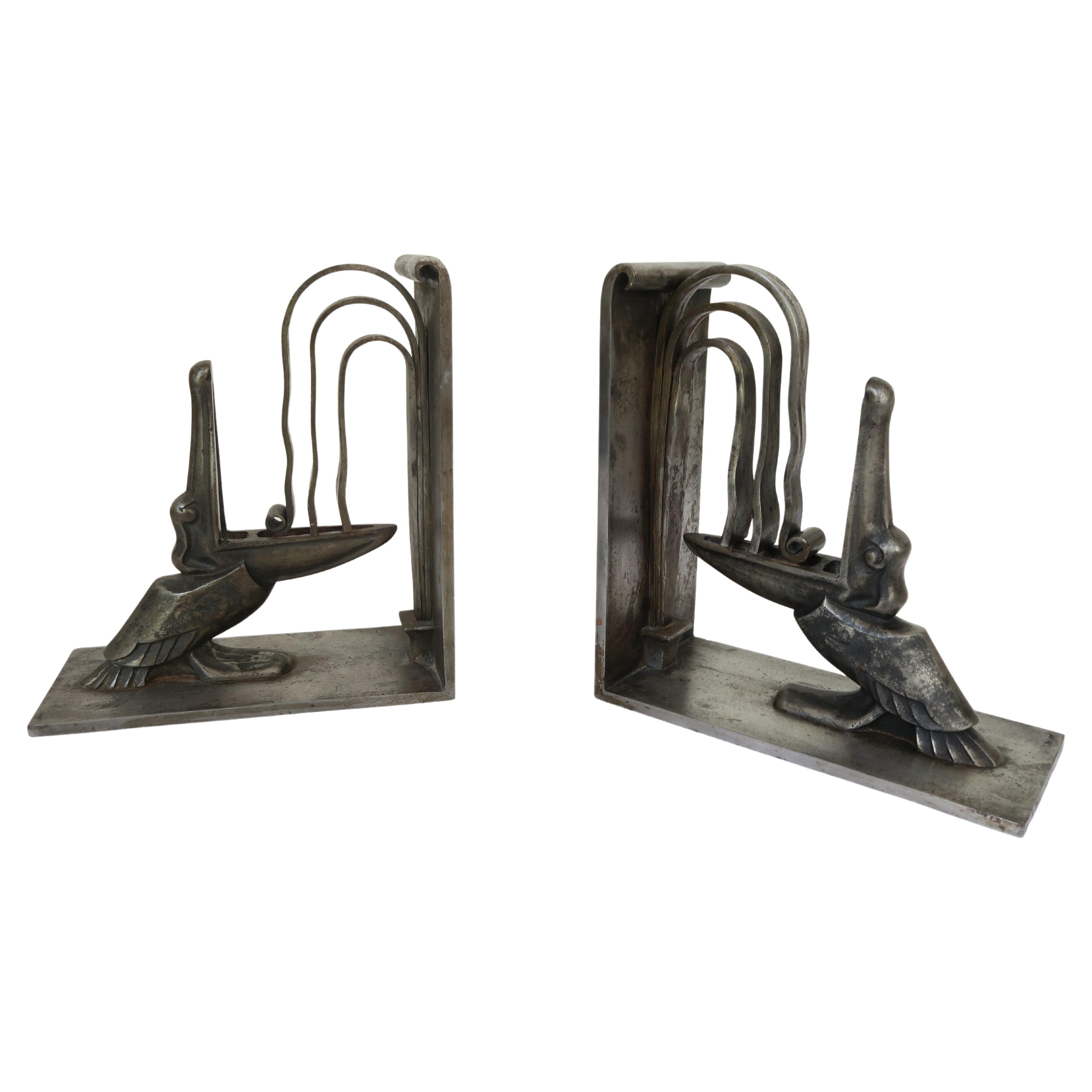Art Deco Wrought Iron Bookends with Pelican Motif by Edgar Brandt at ...