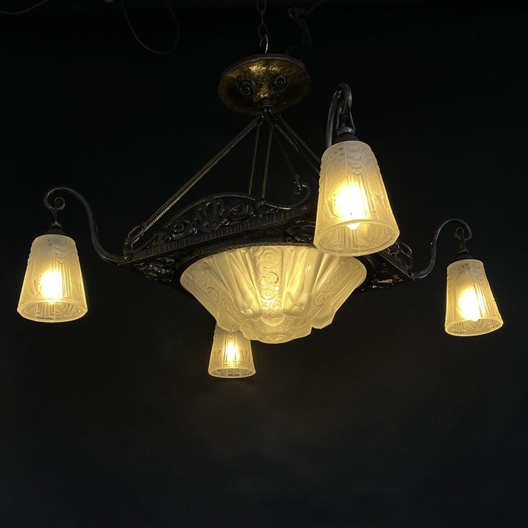 Art Deco Wrought Iron Ceiling Lamp by Muller Freres, Luneville, 1920s ...