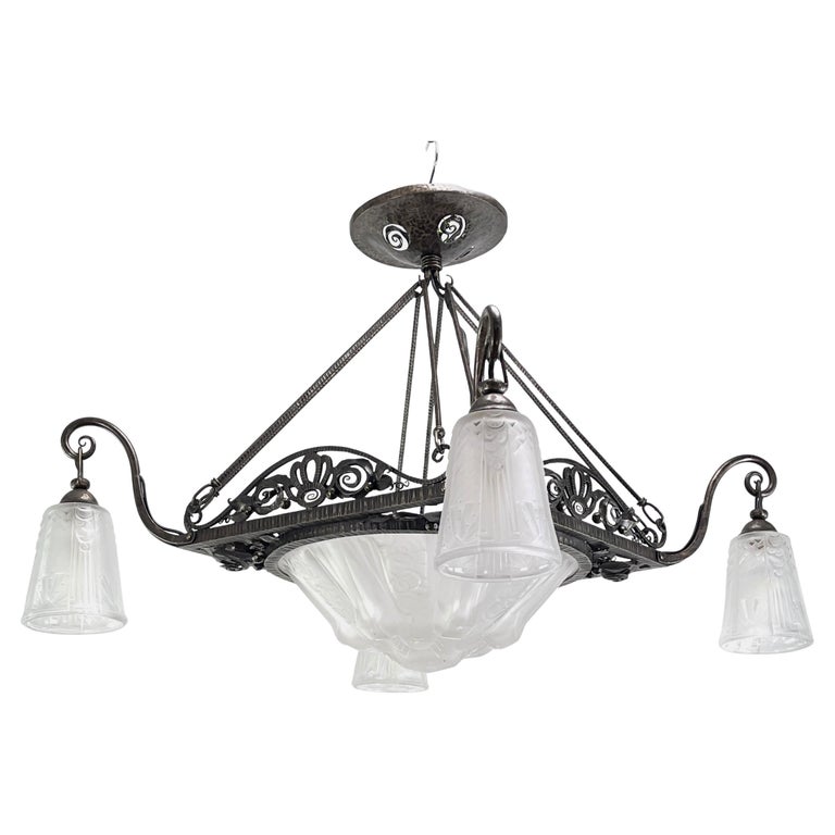 Art Deco Wrought Iron Ceiling Lamp by Muller Freres, Luneville, 1920s ...