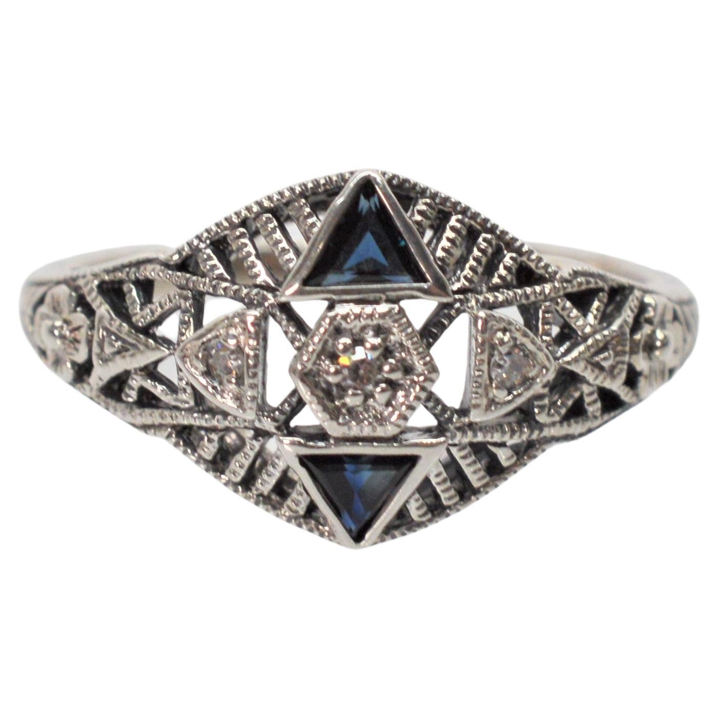 Sapphire and Diamond Art Deco Style Sterling Silver Filigree Ring For ...