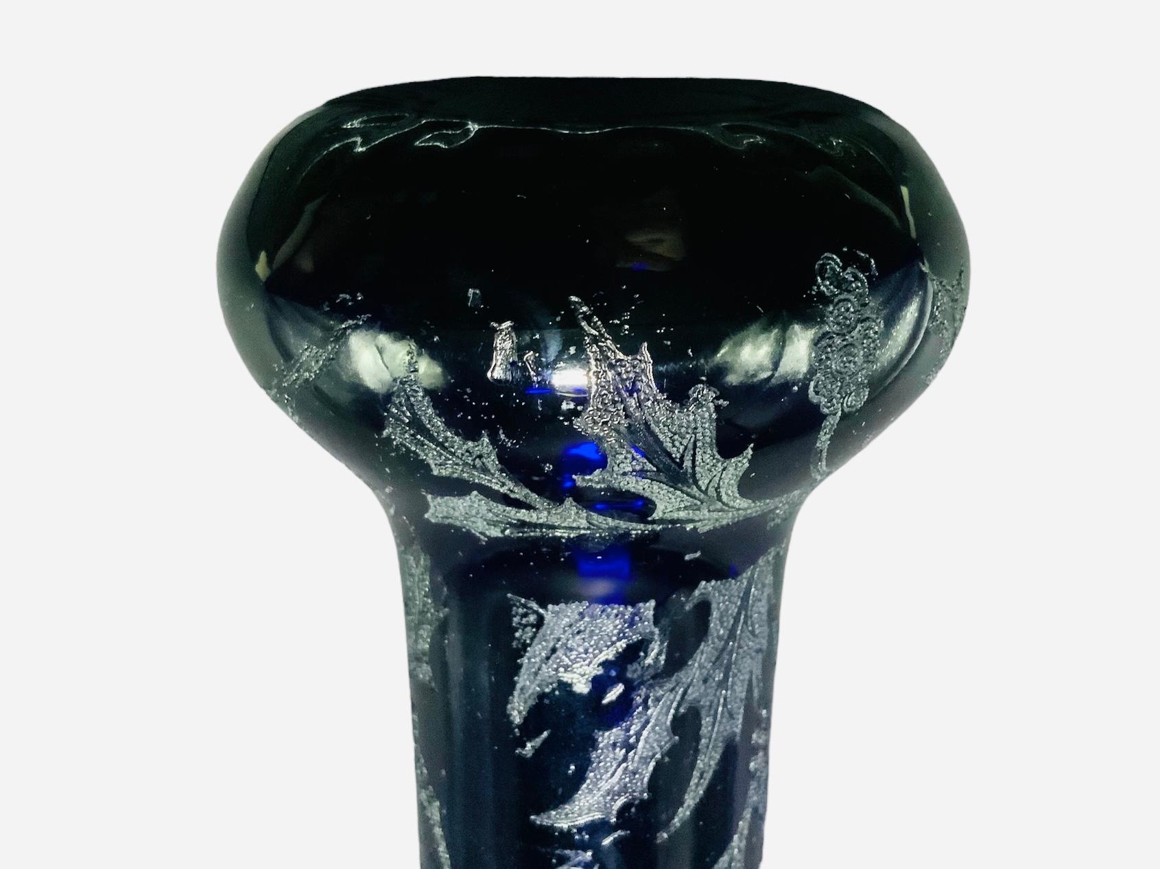 Art Glass Cobalt Blue Color Etched Flower Vase For Sale at 1stDibs
