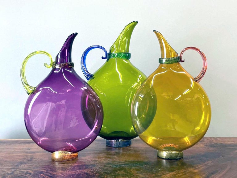 Art Glass Hand Blown Flat Transparent Glass Pitchers, Set of Three For ...
