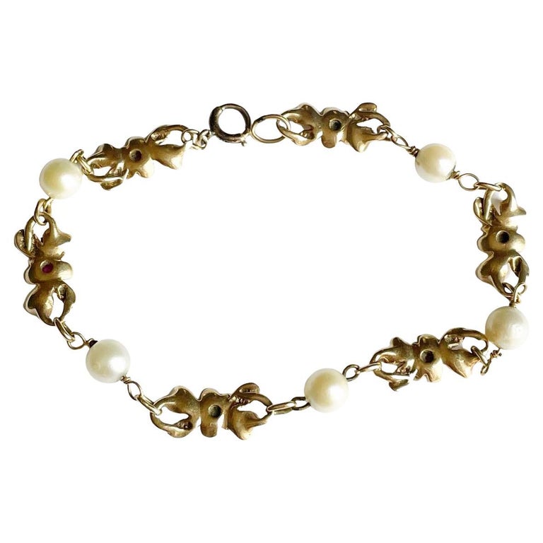 Art Neveau 14k Yellow Gold Antique Pearl and Flower Link Design with ...
