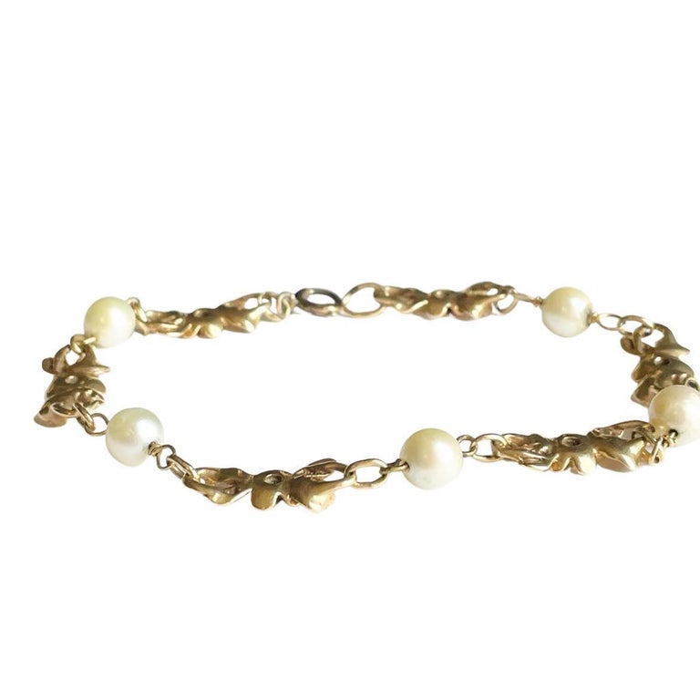 Art Neveau 14k Yellow Gold Antique Pearl and Flower Link Design with ...