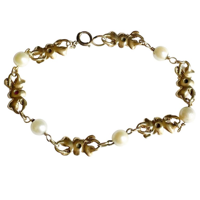 Art Neveau 14k Yellow Gold Antique Pearl And Flower Link Design With Ruby Center For Sale At 1stdibs