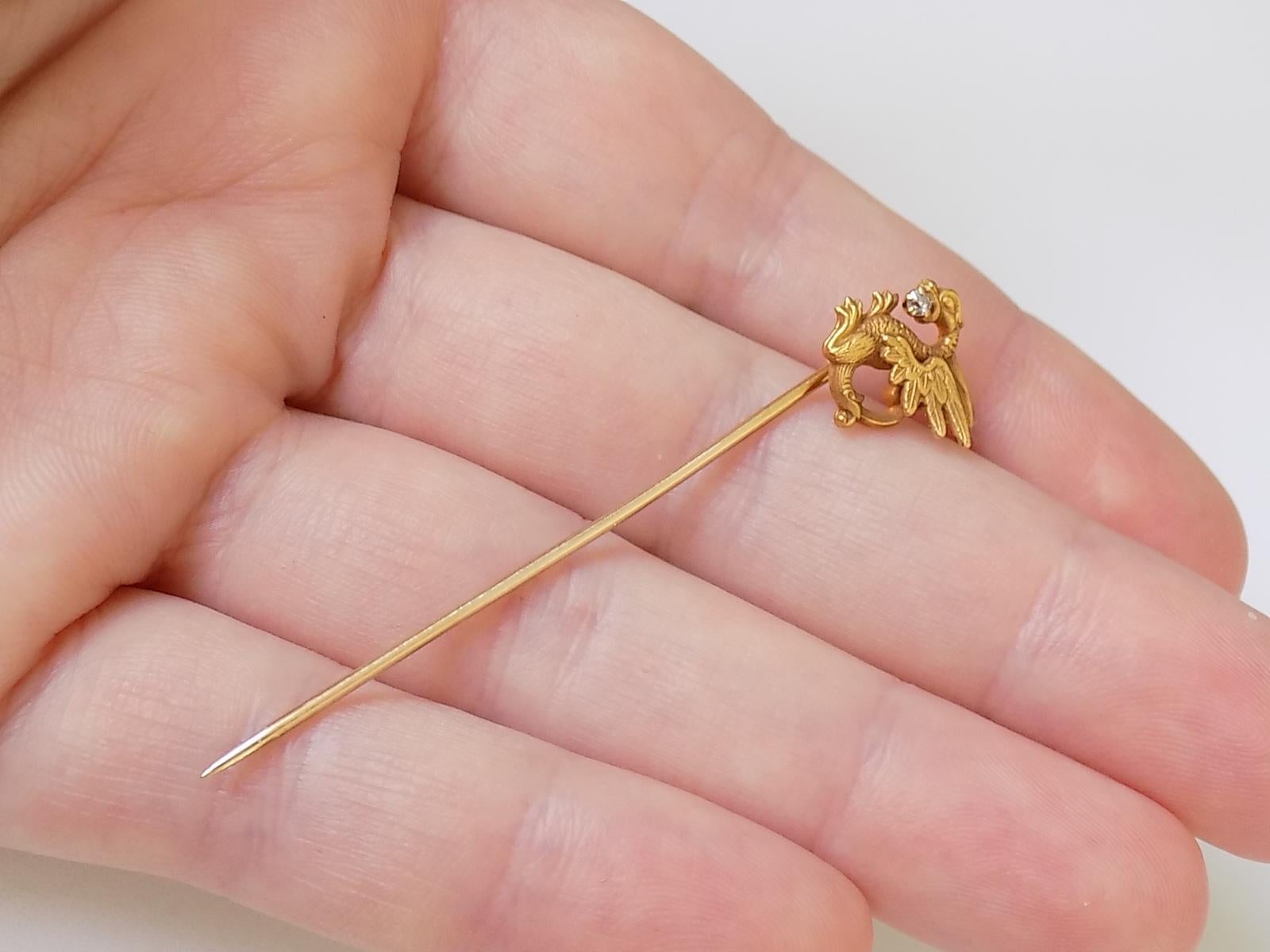 Art Nouveau 14 Karat Gold Diamond Dragon Stick Pin by Lewkowitz at 1stDibs