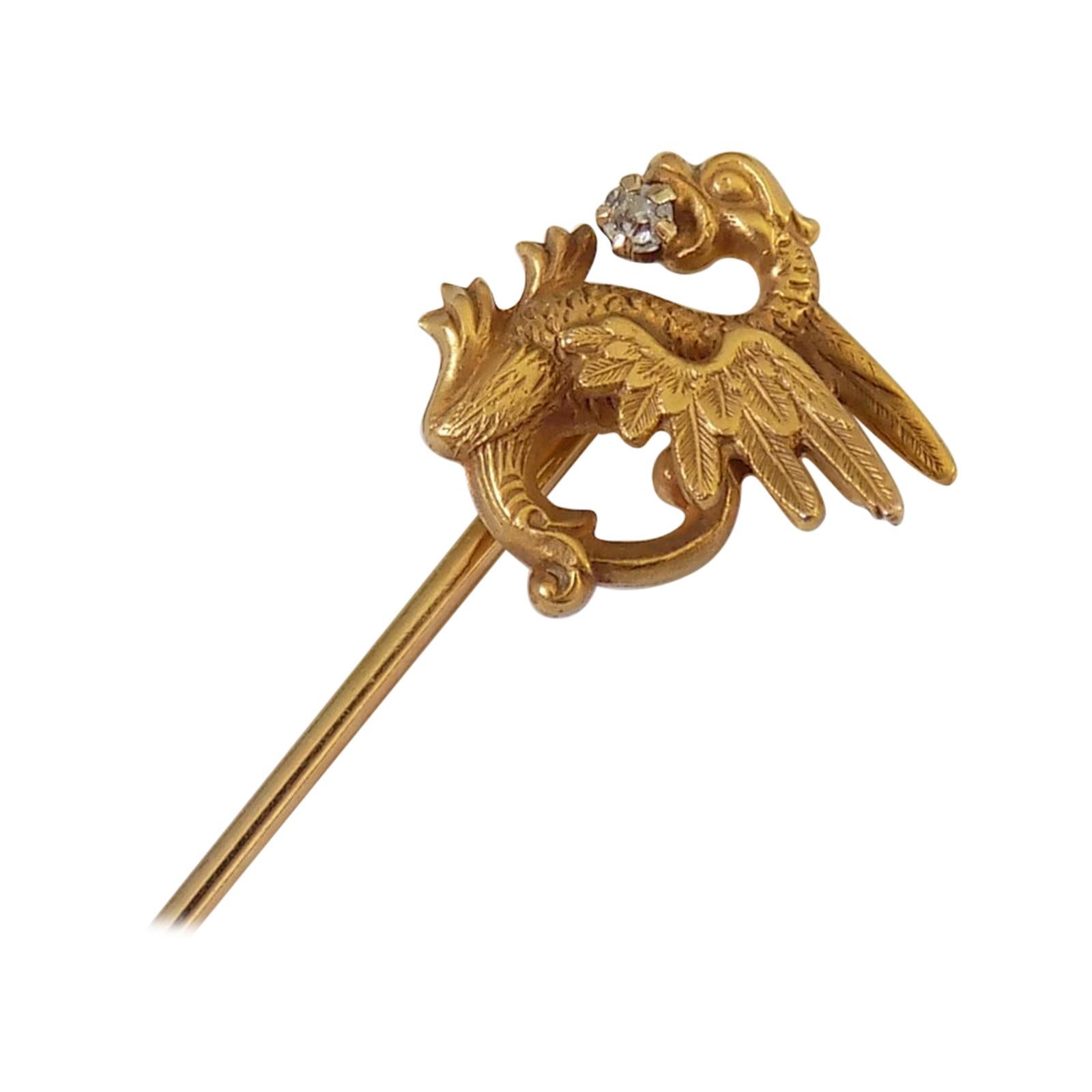 Art Nouveau 14 Karat Gold Diamond Dragon Stick Pin by Lewkowitz at 1stDibs