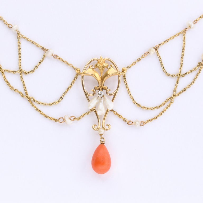 Art Nouveau 14k Gold, Pearl, Coral and Diamond Swag Necklace For Sale ...