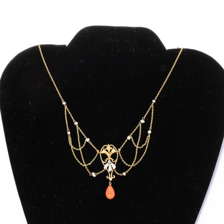 Art Nouveau 14k Gold, Pearl, Coral and Diamond Swag Necklace For Sale ...