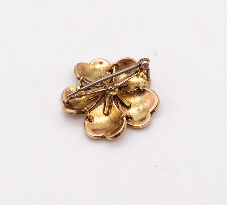Art Nouveau 1905 Edwardian Enamel Flower Pendant Brooch 14kt Gold Diamond Pearls For Sale at 1stDibs