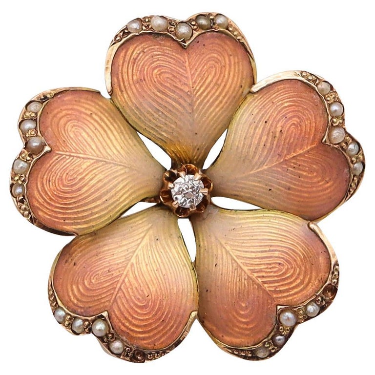 Art Nouveau 1905 Edwardian Enamel Flower Pendant Brooch 14Kt Gold Diamond Pearls For Sale at 1stDibs