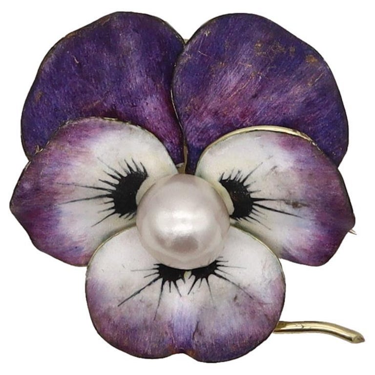 Art Nouveau 1905 Orchid Flower Enamel Pendant Brooch in 14Kt Gold with Pearl at 1stDibs