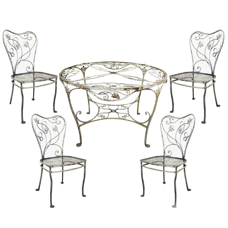 Art Nouveau 5 Pc Wrought Iron Patio Dining Set Round Table 4 Chair ...
