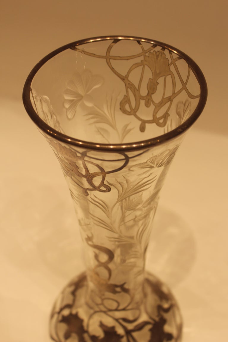 Art Nouveau American Cut Glass and Sterling Silver Overlay Flower Vase ...