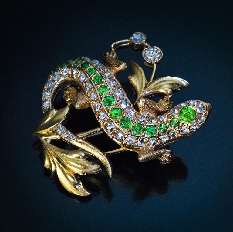 Art Nouveau Antique Demantoid Diamond Lizard Brooch For Sale at 1stDibs