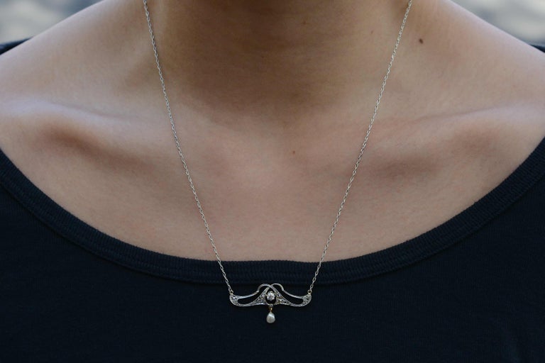 Art Nouveau Antique Diamond and Pearl Lavaliere Necklace For Sale at ...