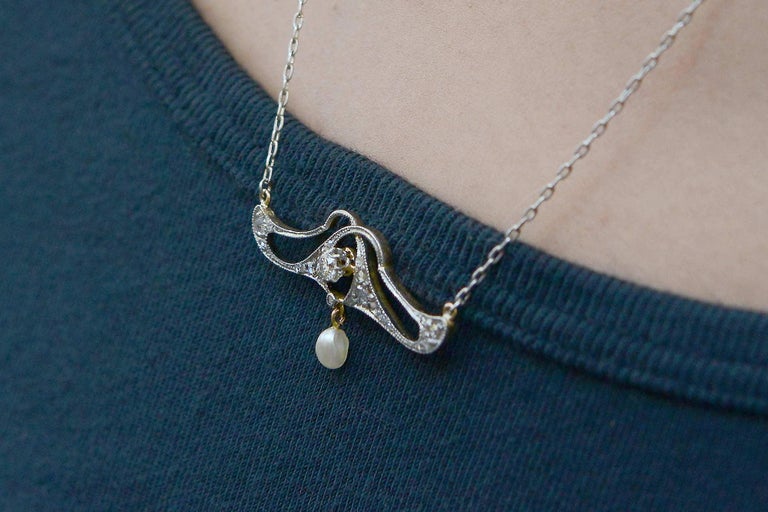Art Nouveau Antique Diamond and Pearl Lavaliere Necklace For Sale at ...