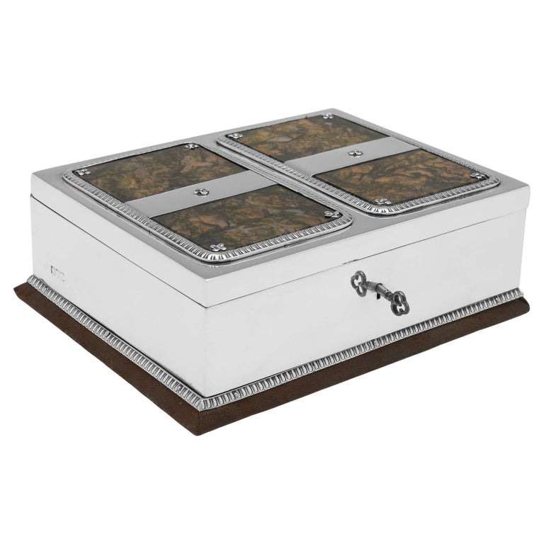 Art Nouveau Antique Sterling Silver Jewellery Box, Moss Agate Lid ...