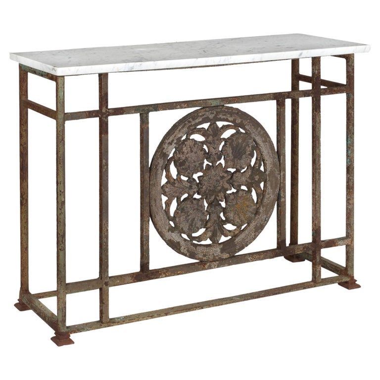 Art Nouveau Antique Wrought and Cast Iron Console Pier Table w/ Marble ...