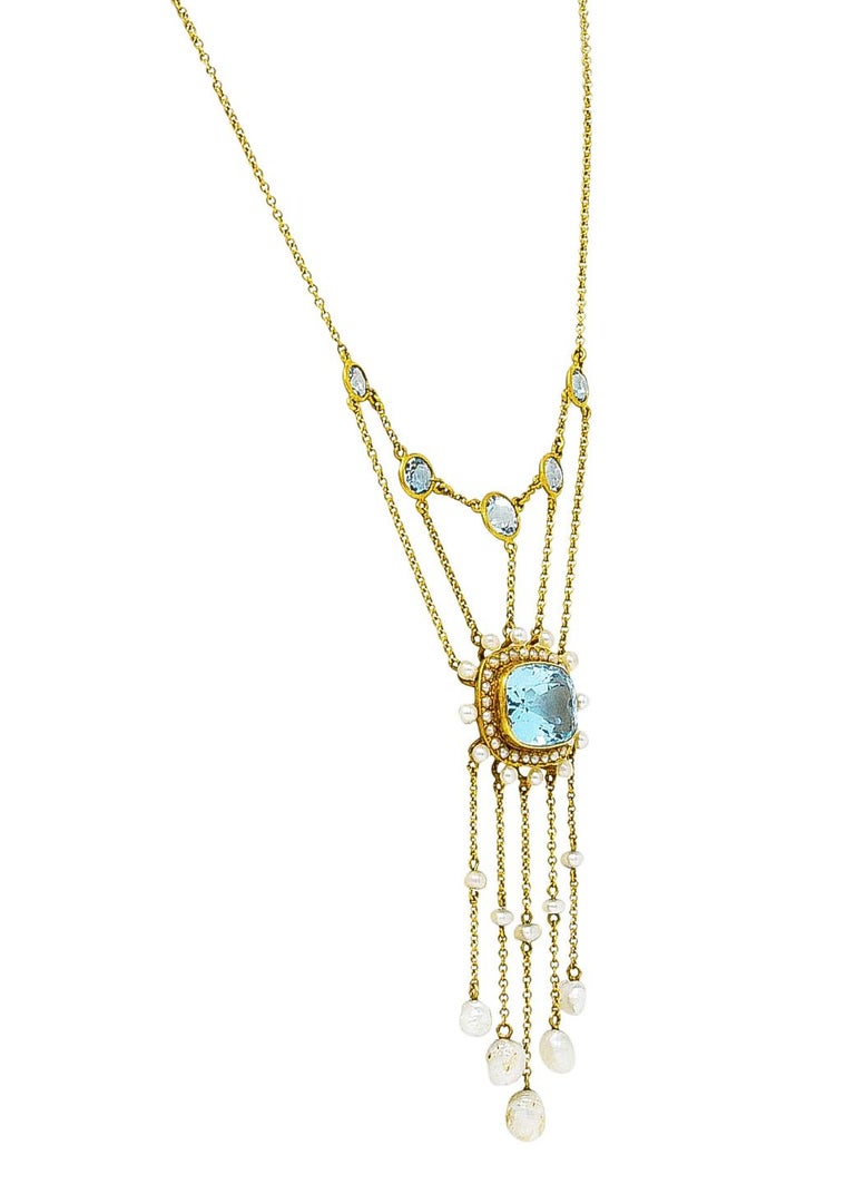 Art Nouveau Aquamarine Pearl 14 Karat Yellow Gold Fringe Swag Station ...