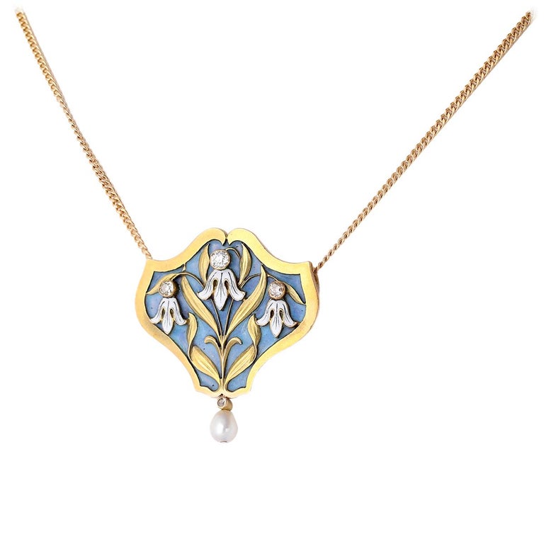 Art Nouveau Austrian Diamond Pearl 14k Yellow Gold Enamel Pendant ...