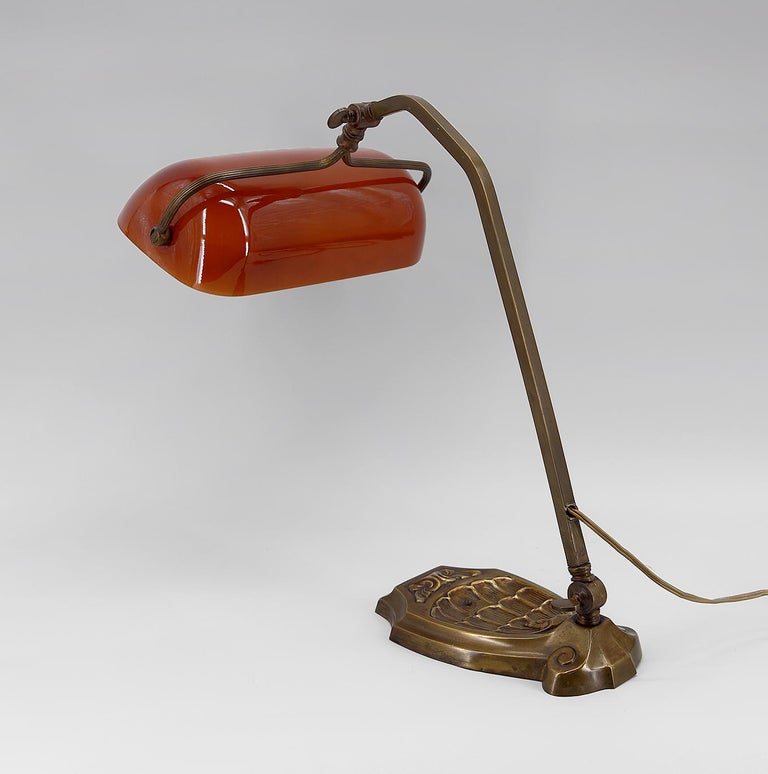 Art Nouveau Banker's Lamp with Red Opaline, France, circa 1900 For Sale ...