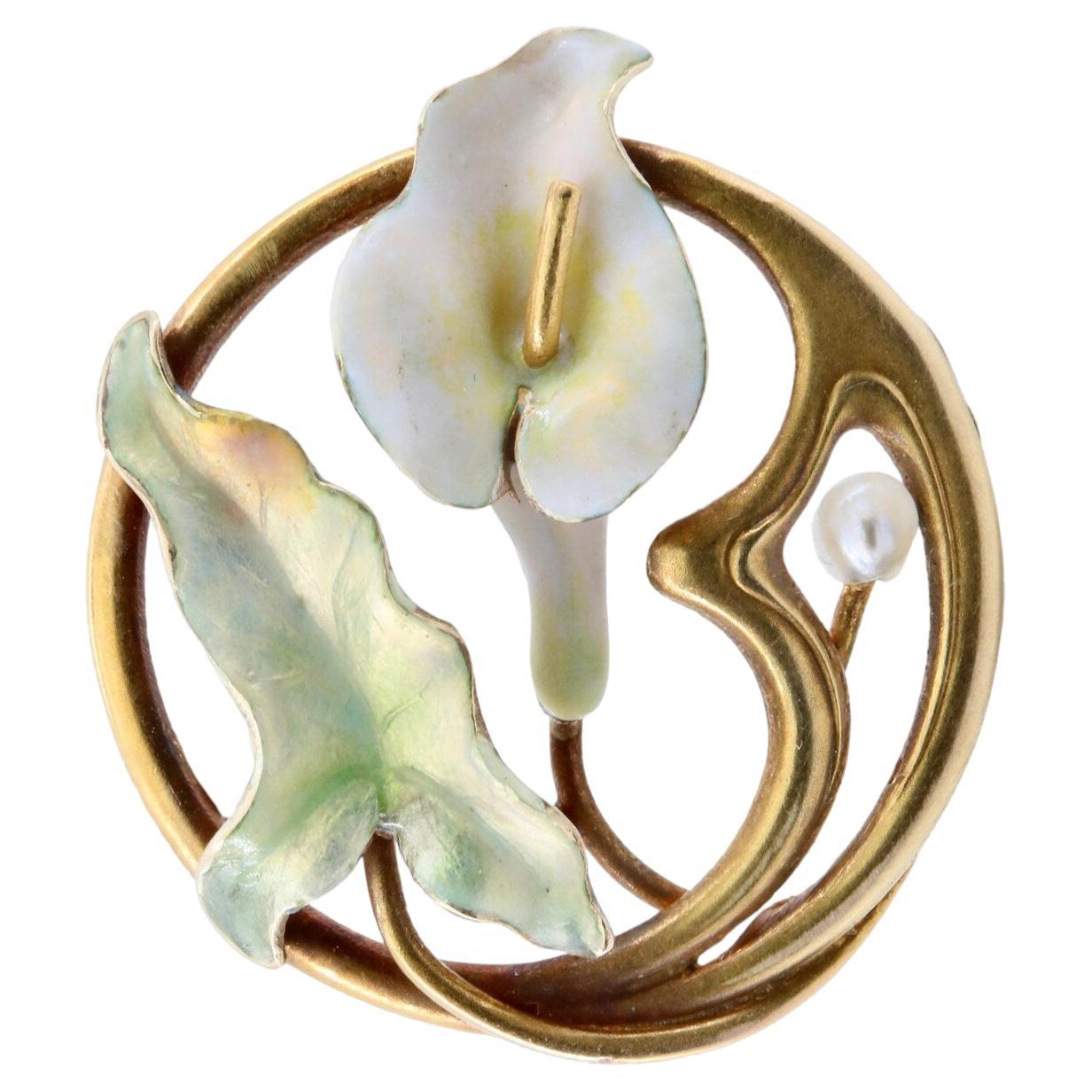 Art Nouveau Bippart and Co Enamel Calla lily Brooch in 14K Yellow Gold ...