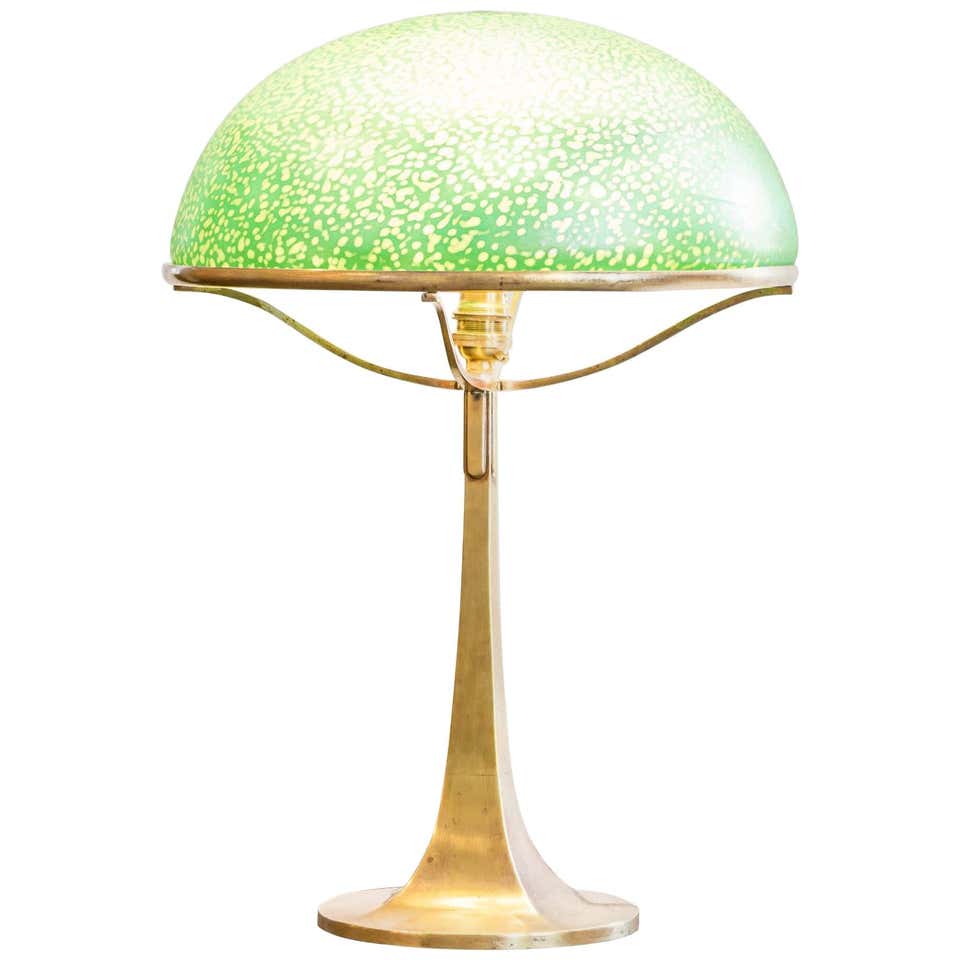 Art Nouveau Brass Table Lamp With Iridescent Glass Dome Shade For Sale