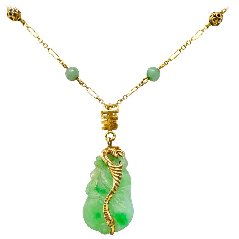 Art Nouveau Carved Jade 14 Karat Gold Drop Station Necklace at 1stDibs