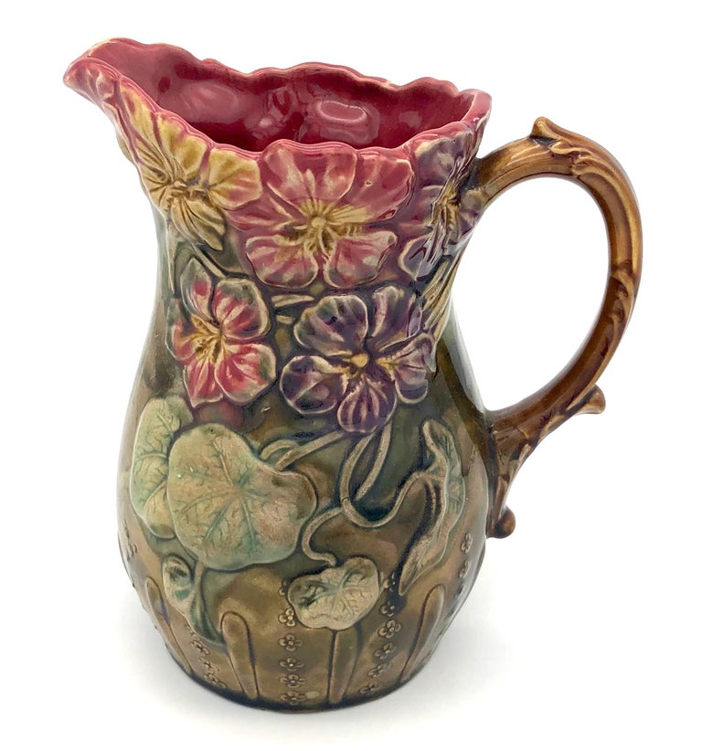 Art Nouveau Ceramic Pitcher Jug Polychrome Glaze Flower Relief ...