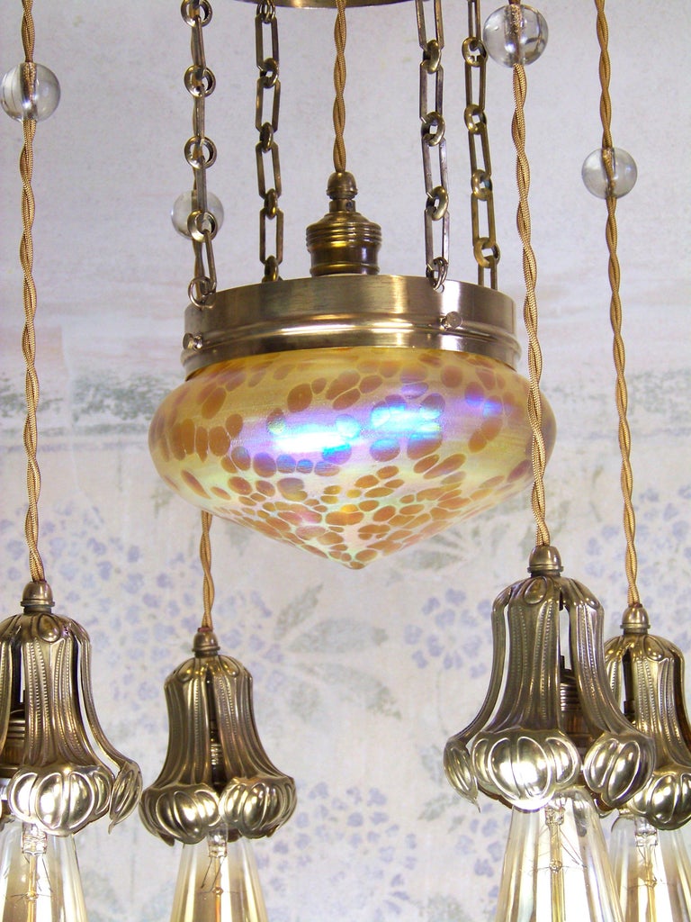 Art Nouveau Chandelier with Iridescent Shade, Loetz For Sale at 1stDibs