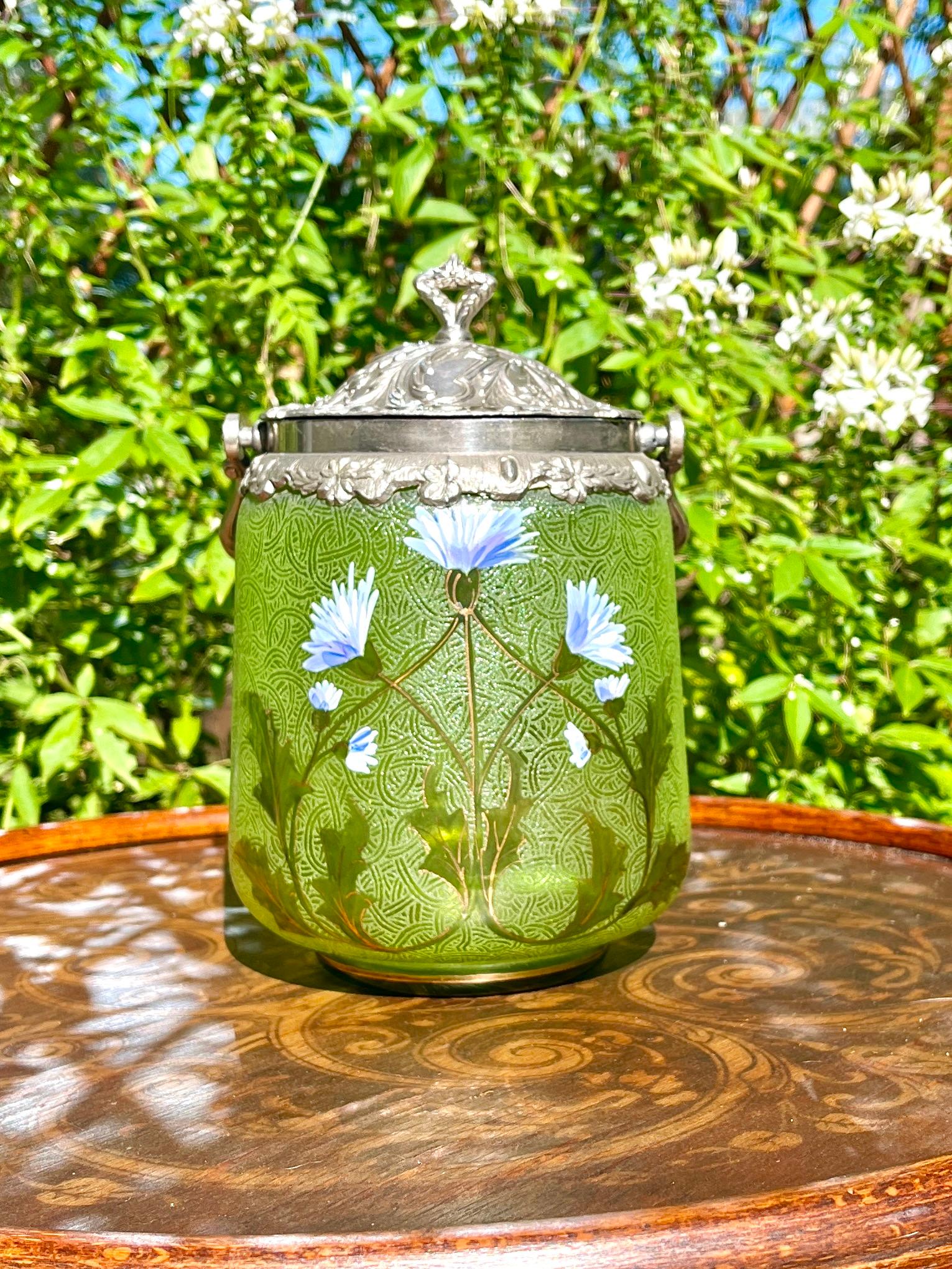 Art Nouveau Cookie jar iridescent glass and Enameled by Loetz' with Lid ...