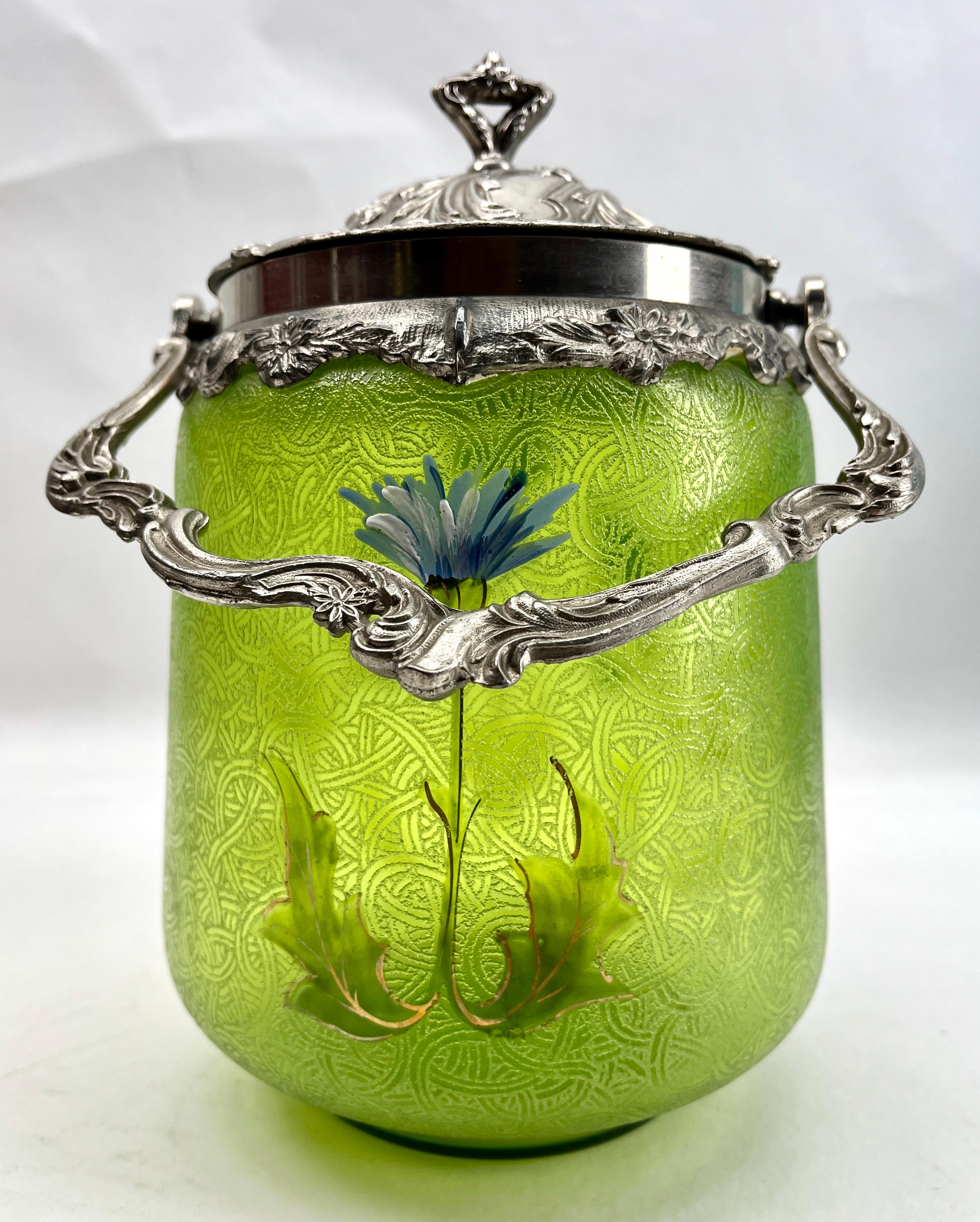 Art Nouveau Cookie jar iridescent glass and Enameled by Loetz' with Lid ...