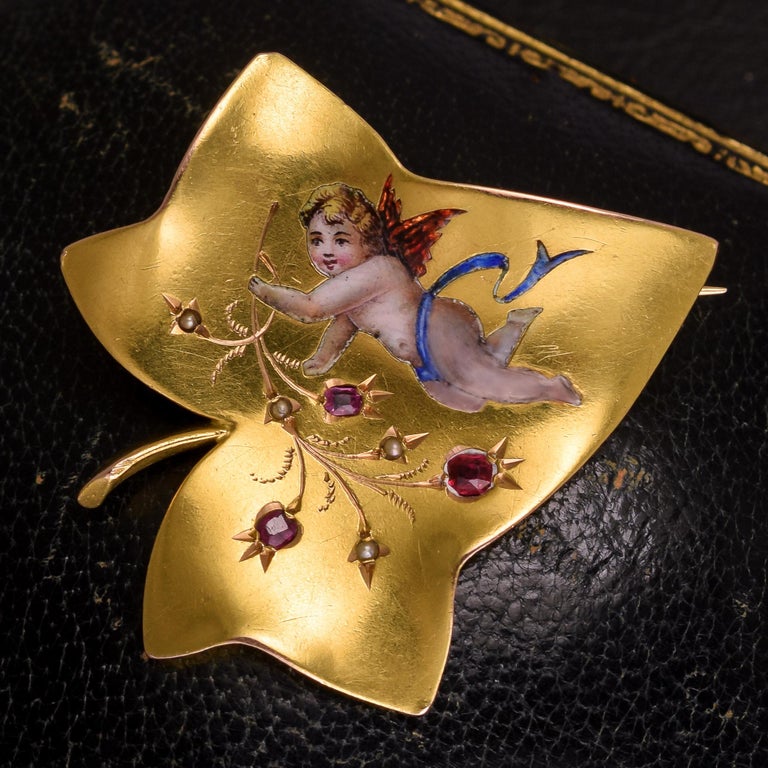 Art Nouveau Cupid Ivy Leaf Brooch at 1stDibs