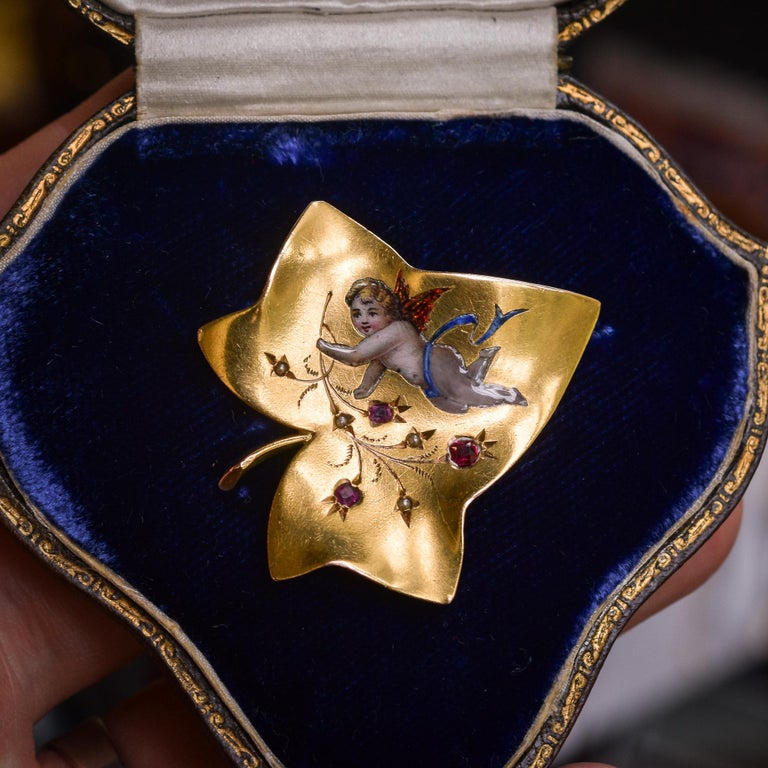 Art Nouveau Cupid Ivy Leaf Brooch at 1stDibs