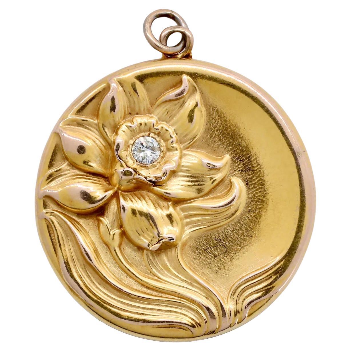 Art Nouveau Daffodil Flower Locket Repoussé Pendant in 14 Karat Yellow ...