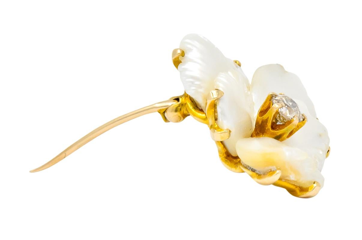 Art Nouveau Diamond Baroque Pearl 14 Karat Gold Pansy Flower Pendant Brooch at 1stDibs