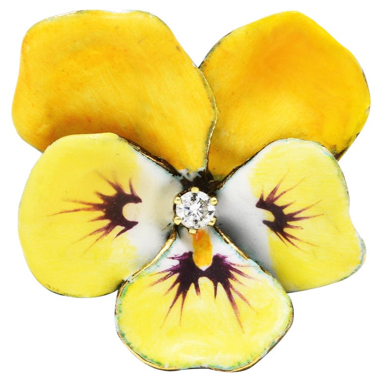Art Nouveau Diamond Enamel 14 Karat Yellow Gold Pansy Antique Brooch For Sale at 1stDibs