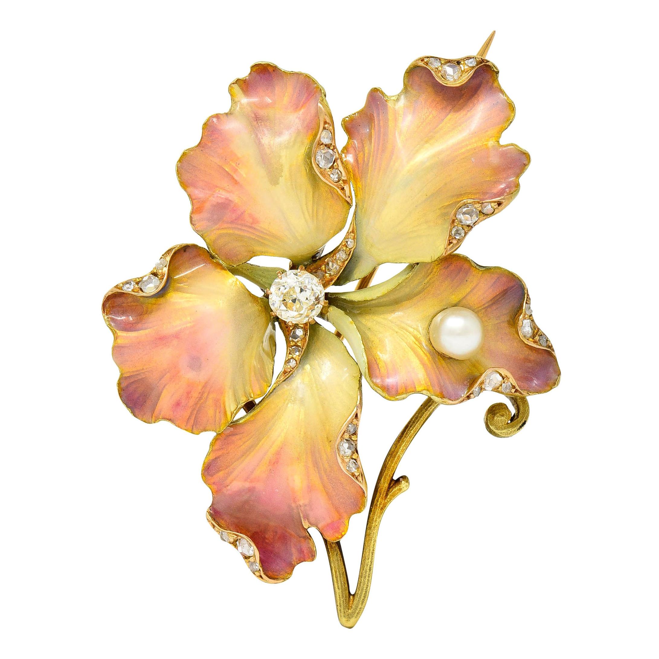 Art Nouveau Diamond Pearl Enamel 18 Karat Gold Flower Brooch For Sale ...