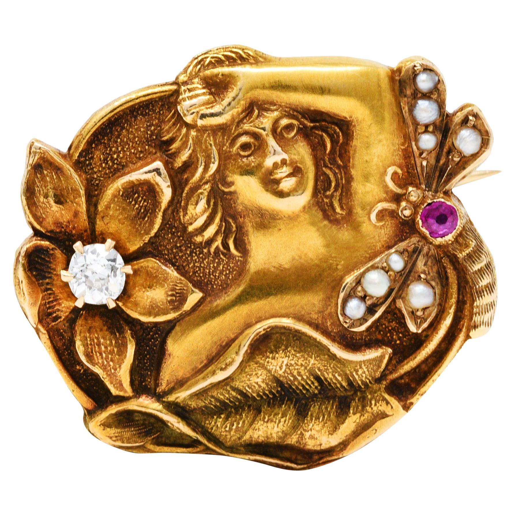 French Pearl Ruby Diamond Gold Griffin and Harp Brooch at 1stDibs