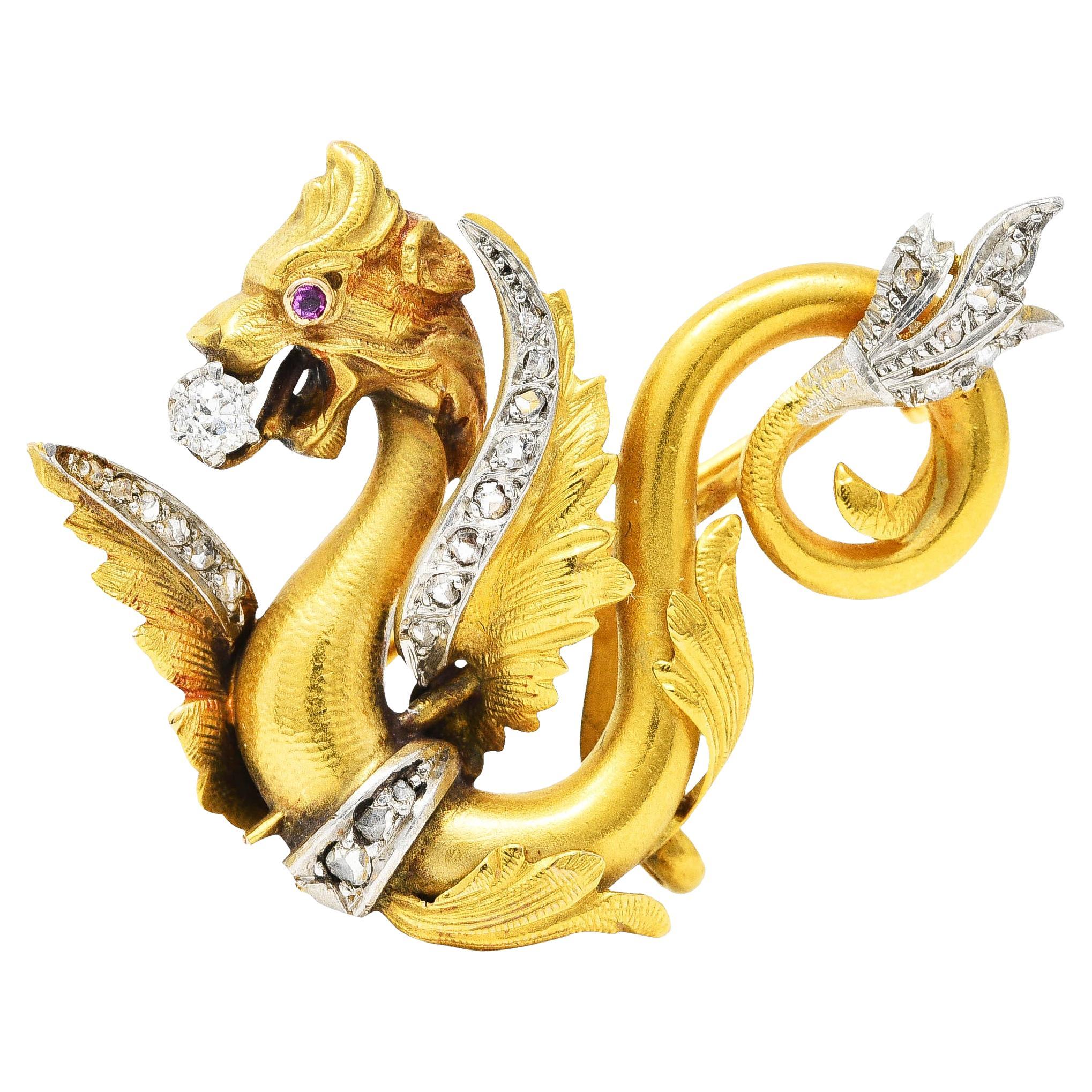 Art Nouveau Diamond Ruby Platinum-Topped 14 Karat Yellow Gold Dragon ...