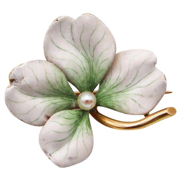 Art Nouveau Edwardian 1905 White Flower Enameled Pendant Brooch 14Kt Gold Pearl For Sale at 1stDibs
