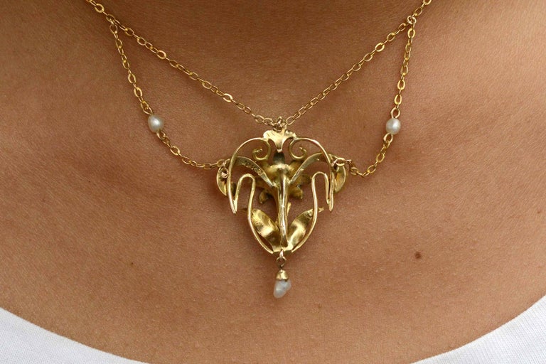 Art Nouveau Enamel Necklace Flower Swags Natural Pearl Lavaliere ...